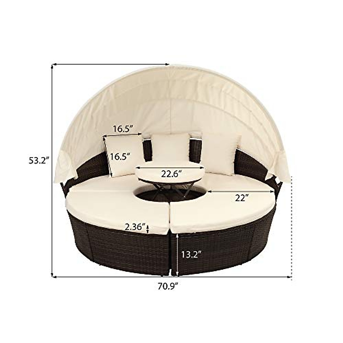 Merax Patio Round Daybed Furniture Set with Retractable Canopy, Coffee Table & Waterproof Cushions, Outdoor Wicker Rattan Sectional Sofa Set for Garden Poolside Backyard Lawn Porch (Beige, 4 Piece)