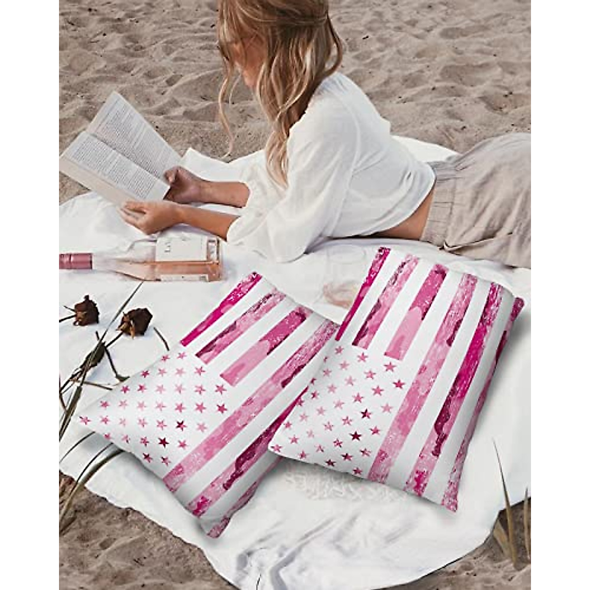 Funnywall88 Waterproof Throw Pillow Covers Set of 2 Independence Day Pink Camo American Flag Patriotic Couch Pillow Cases Outdoor Sofa Cushion Cover Home Decor for Bed Living Room, 20" x 12"