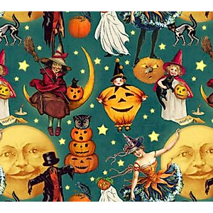 Vintage Halloween Witch Moons Pumpkins and Moons Cotton Precut Fabric by The Yard
