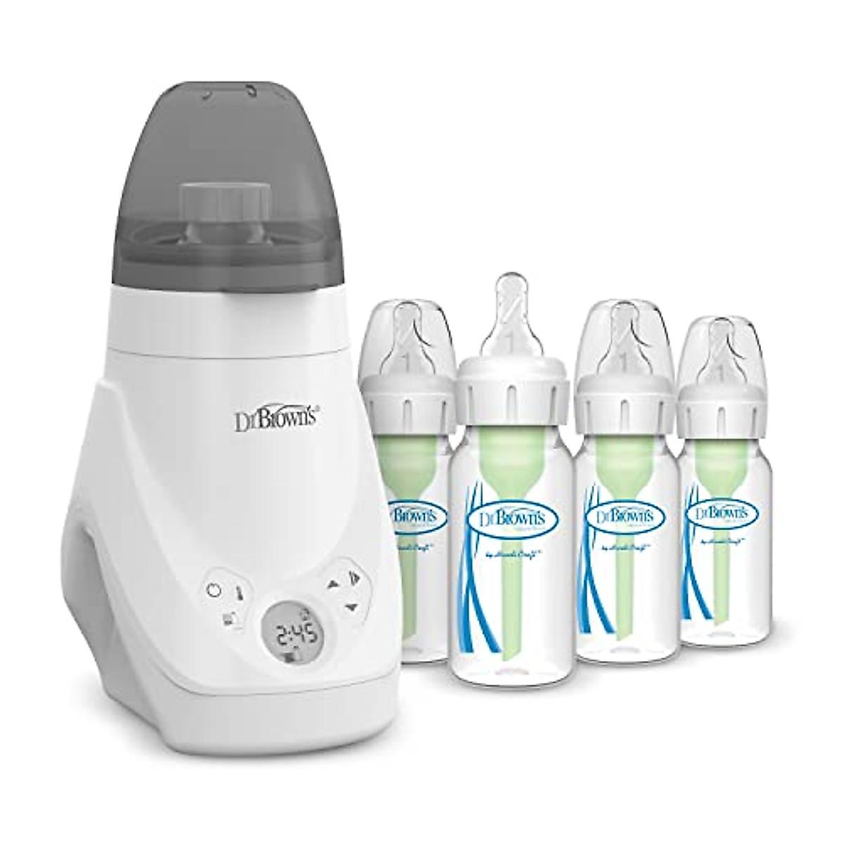 Dr. Brown’s Deluxe Baby Bottle Warmer and Sterilizer, for Baby Bottles and Baby Food Jars with Anti-Colic Options+ Narrow Baby Bottles 4 oz/120 mL, with Level 1 Slow Flow Nipple, 4 Pack, 0m+