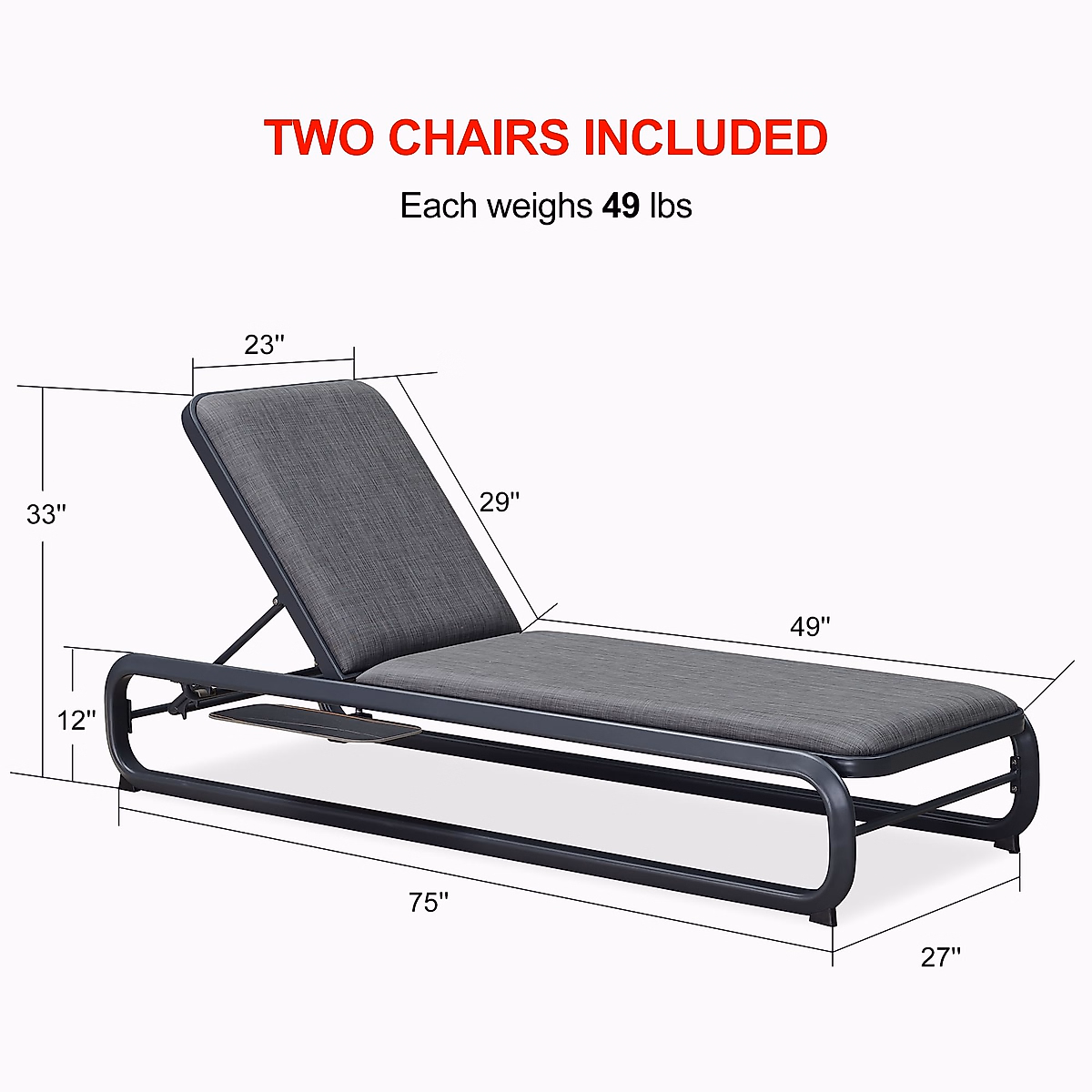 PURPLE LEAF Chaise Lounge Chair Recliner Outdoor for Patio Poolside w/Slide-Out Side Table with Cushion Adjustable Backrest 2 Pieces Dark Grey