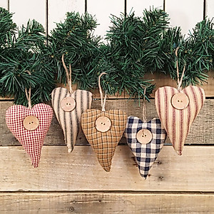 Set of 5 Rustic Plaid Homespun Cotton Fabric Heart Farmhouse Christmas or Wedding Ornaments with Wood Button