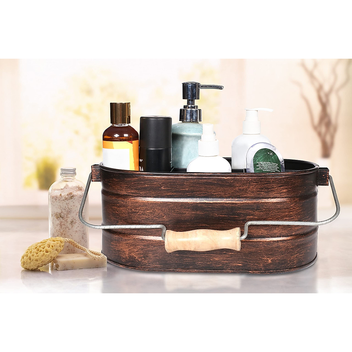 Homebia Designs Galvanized Metal Caddy with 4 Compartments, Rustic Farmhouse Kitchen Indoor Outdoor Picnic Utensil Holder, Multipurpose Storage Bin, Metal Garden Planters - 12 Inch - Copper Antique