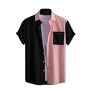 Milumia Men's Casual Button Up Shirt Pocket Short Sleeve Colorblock Blouse Tops Pink and Black Large