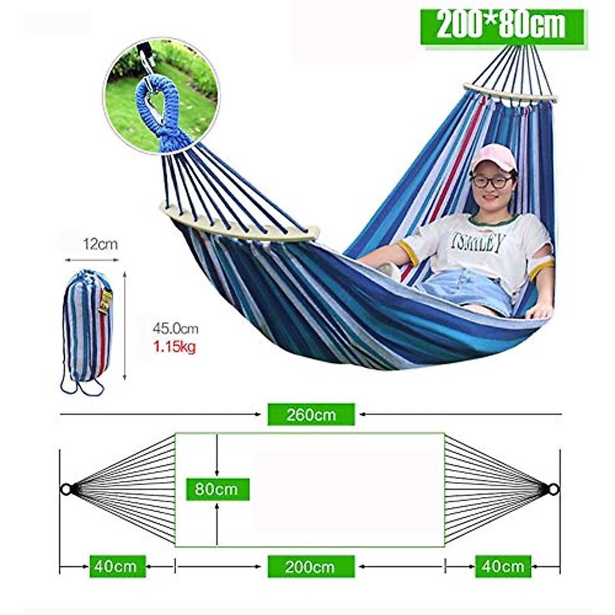 2 Person 661lb Capacity Double Hammock with Two Anti Roll Balance Beam and Sturdy Nylon Tree Straps for Outdoor Indoor Patio Garden Backyard Backpacking Travel Beach Blue & White