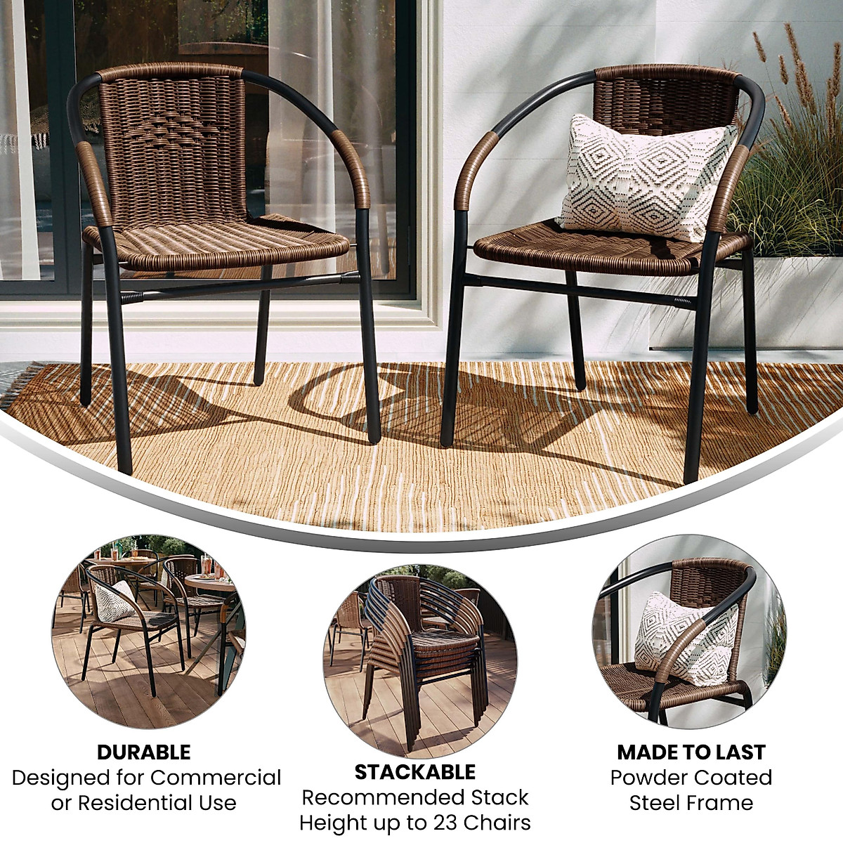 EMMA + OLIVER 2 Pack Medium Brown Rattan Indoor-Outdoor Restaurant Stack Chair
