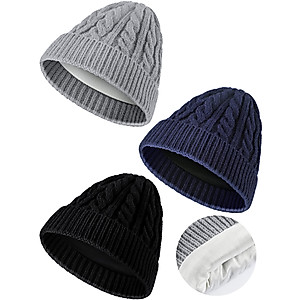 3 Pieces Kids Satin Lined Knit Beanies Winter Hat Child Warm Ski Skull Caps for Girls Boys Baby Toddlers 3-12 Years (Black, Navy Blue, Light Gray,Simple Style)