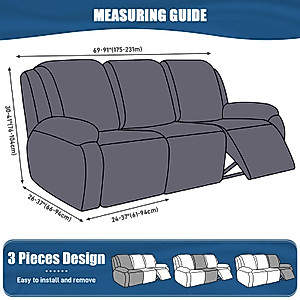 TAOCOCO Recliner Sofa Slipcover, 3 Pieces Polyester Fabric Stretch Sofa Covers for 3 Seat Reclining Couch, Soft Washable Furniture Protector with Pockets (3 Seat, Dark Gray)