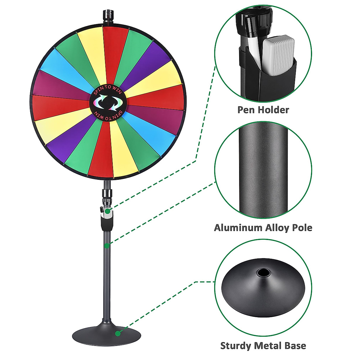 WinSpin 36 Inch Heavy Duty Prize Wheel Dual Use Adjustable Tabletop and Floor Stand Large Fortune Wheel with Dry Erase Marker & Eraser 18 Slots Spinning Wheel for Carnival Spinner Game Tradeshow