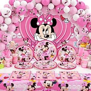 Pink Mouse Birthday Party Supplies Decorations, Mouse Theme Backdrop,Pink Mouse Tablecloth Balloons Kit Cups Plates Napkins Tableware Set for Kids Birthday Party Supplies Party Favor