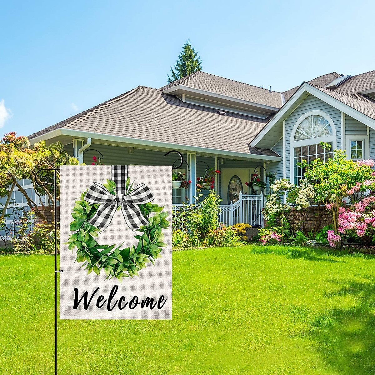 XIFAN Welcome Garden Flag Heavyweight Burlap Boxwood Wreath Flag Double Sided Buffalo Plaid Bow Small 12.5 x 18 Inch Spring Yard Farmhouse Outdoor Decoration