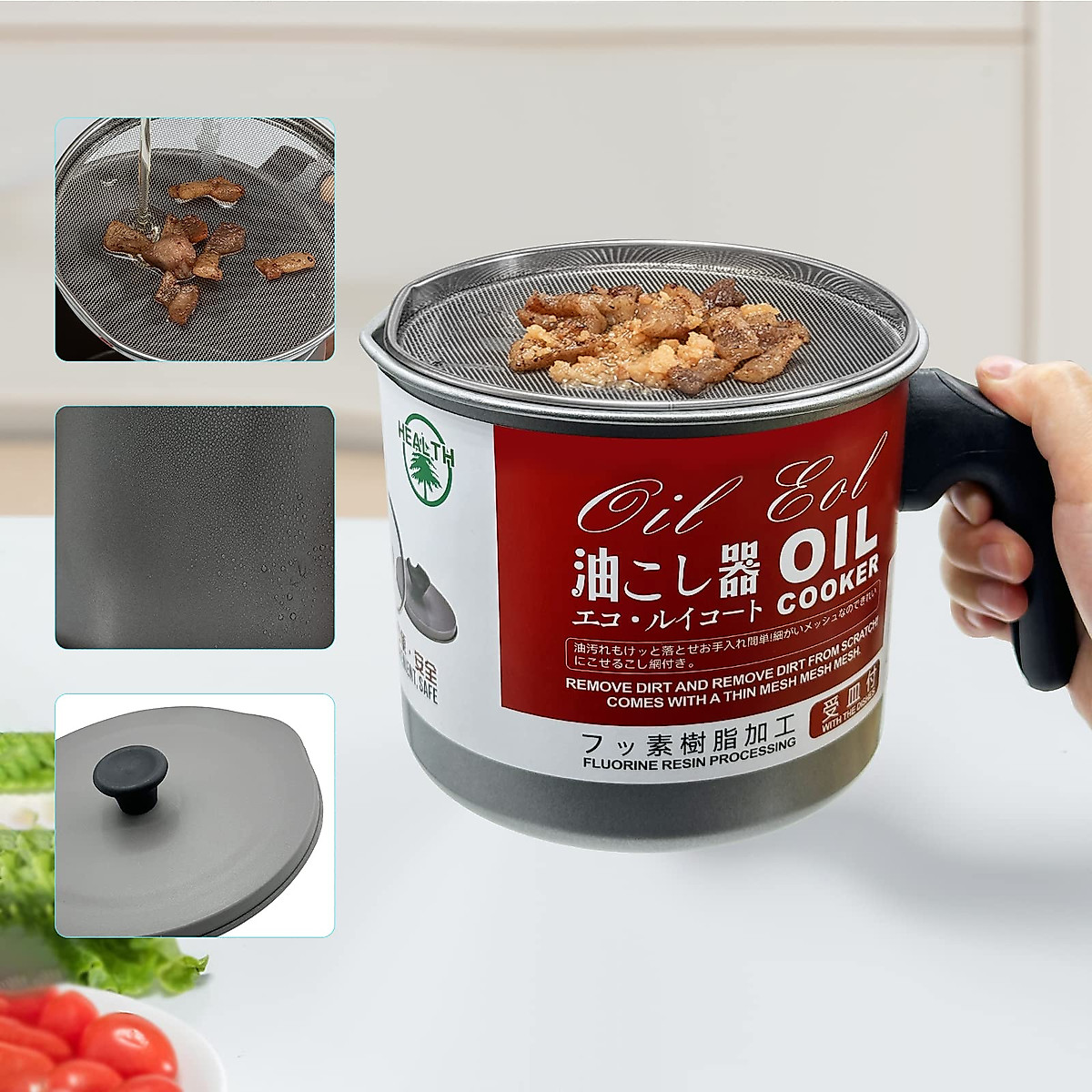 PARACITY Bacon Grease Container with Fine Strainer and Dust-proof Lid, 1.2L/ 41OZ Cooking Oil Container/Can/Pot for Kitchen Meat Frying Oil and Cooking Grease Storage