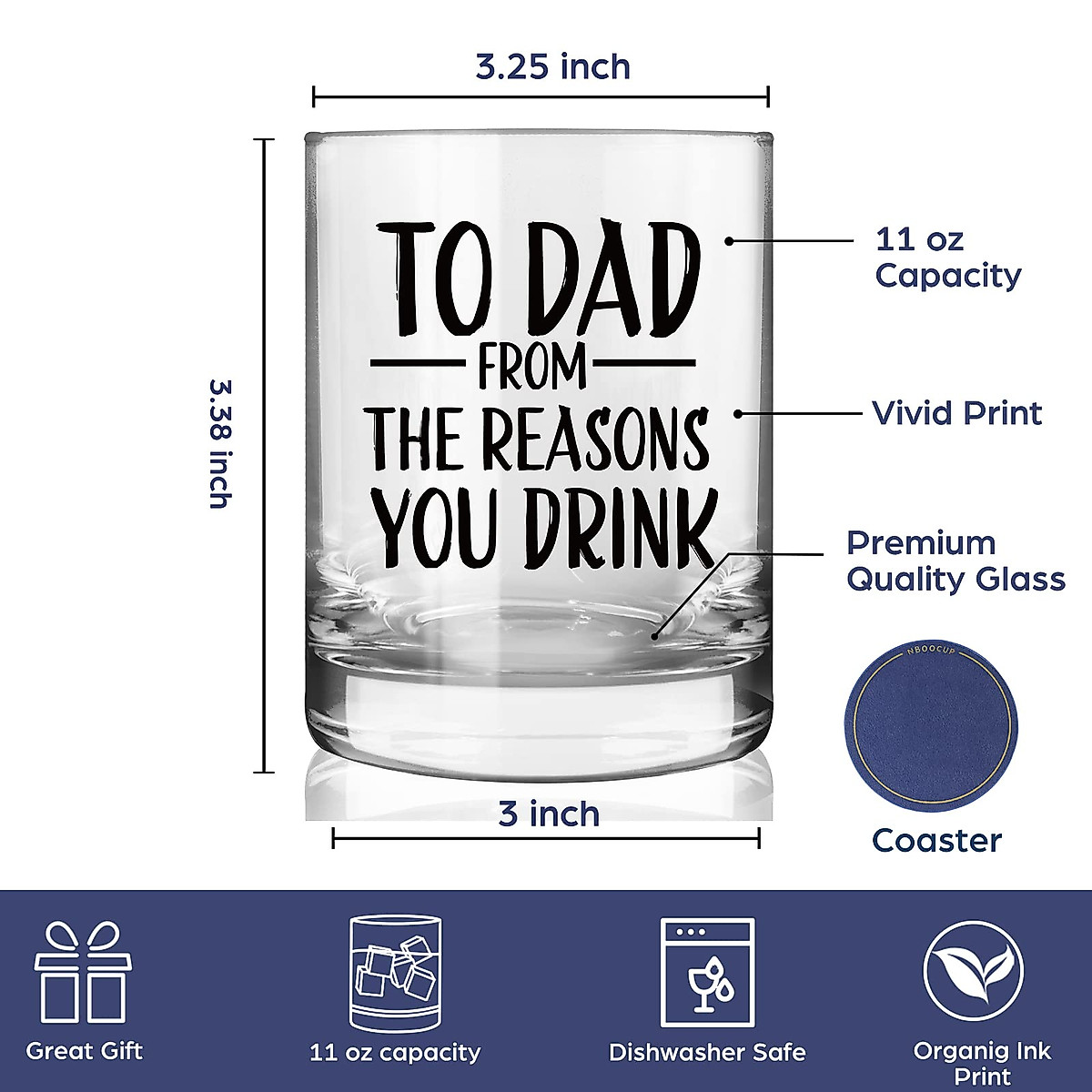 To Dad From The Reasons You Drink Funny Whiskey Glass Gifts for Dad, Unique Fathers Day Birthday Retirement Christmas Gifts idea for Dad, Mom, Men From Daughter, Son, Kids, Old Fashioned Glasses 11 oz
