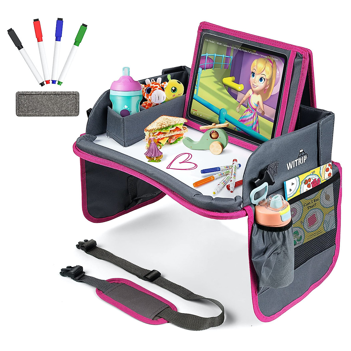 Kids Travel Tray with Dry Erase Board, Car Seat Lap for Food & Play Activity, Carseat Table Trays for Toddler, Kid Activity Desk for Air Travel, No-Drop Tablet Holder & Borders (Grey with Pink Frame)