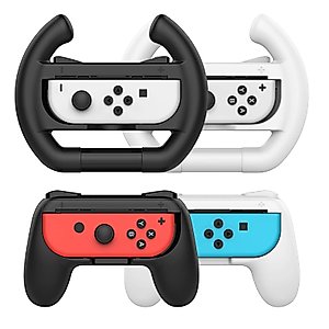 MoKo Steering Wheel & Grips for Nintendo Switch OLED 2021/Switch Joy-Con Controllers, 2 Pack Mariokart Racing Steering Wheel & 2 Pack Comfort Hand Grip Handle Kit for Mario Kart 8 Deluxe, Black&White