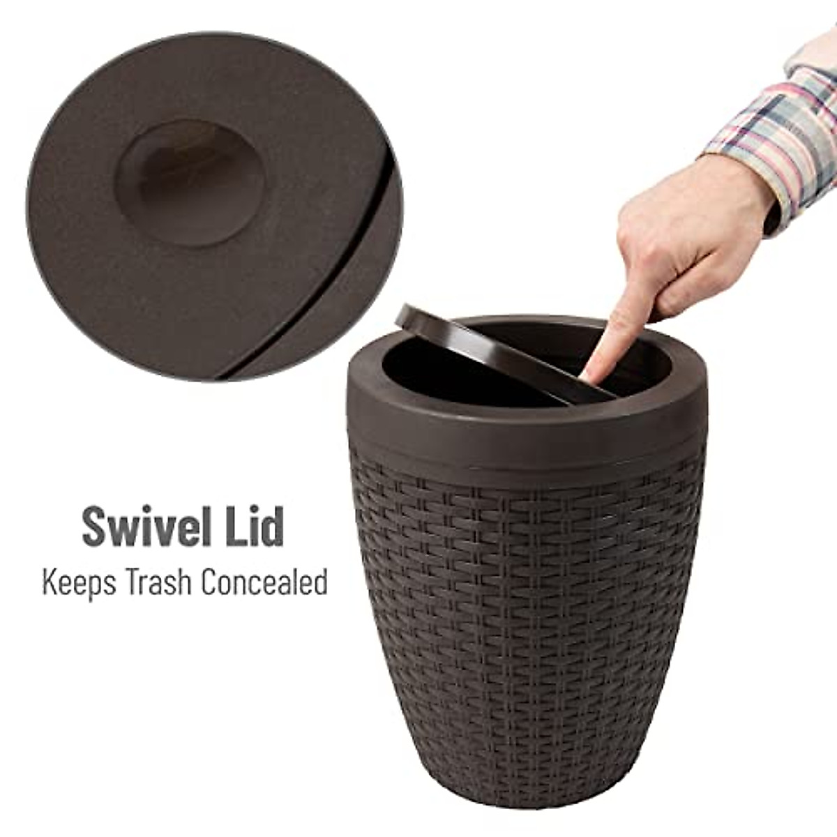Mind Reader Basket Collection, Round Wastepaper Basket and Toilet Brush Set, Premium Wicker Design, 2 Piece Set, Swivel Lid Bin is 8.75"W x 11.25"H, Brush is 15.25"H, 8.75"L x 8.75"W x 11.25"H, Brown