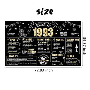 Large 30th Birthday Banner Backdrop Decorations for Men Women, Black Gold Back in 1993 Happy 30 Bday Sign Party Supplies, Thirty Birthday Photo Background Decor for Outdoor Indoor