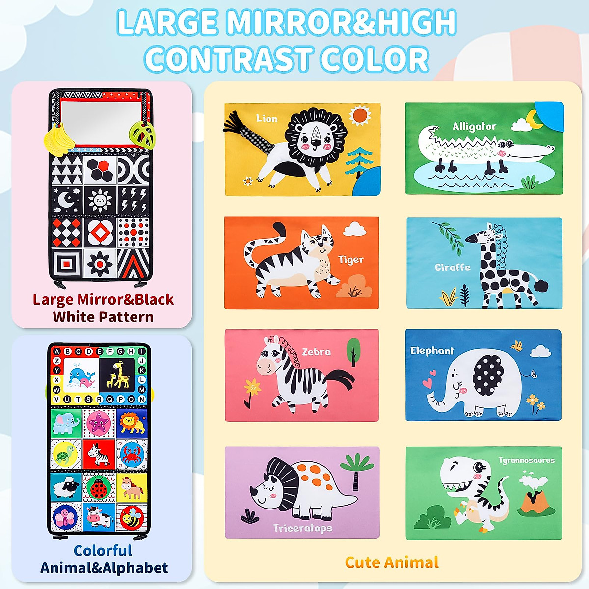 Vasdoo Tummy Time Mirror for Baby, Brain Developmental Montessori Infant Toys with Crinkle Cloth Book and Teether,High Contrast Black and White Sensory Toys for Boys and Girls 0 3 6 12 Months