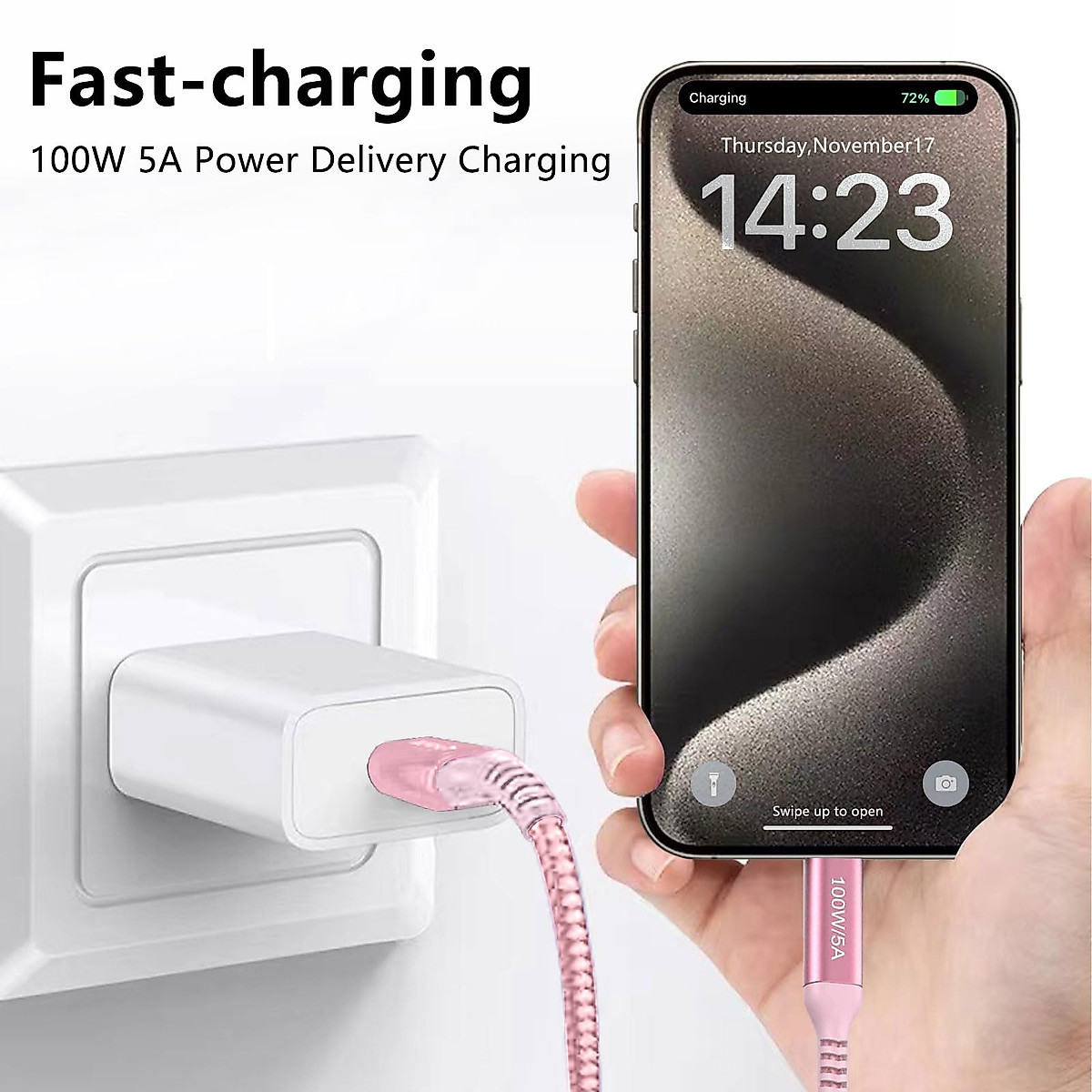 100W USB C to USB C Cable 15ft Long Pink,USBC to USBC,Awnuwuy (20V/5A) Type C PD Fast Charging Power Charging Cord Compatible with iPhone 15/15 Pro/15 Plus/15 Pro Max,iPad Pro, Samsung S23 S22,MacBook