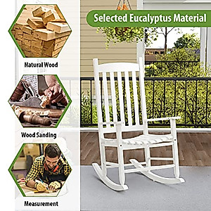 Yewuli Outdoor Patio Wooden Rocking Chairs Set of 2 Clearance,Porch Rockers Chair Outdoor with High Back and Handrail,Outside White Big and Tall Rocking Chairs Indoor for Porch,243LBS,White