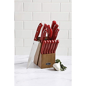 Oster Evansville 14 Piece Stainless Steel Cutlery Block Set, Red Handles