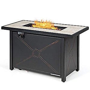 Giantex Gas Fire Pit Table w/Ceramic Tabletop, 42 Inch 60,000 BTU Rectangular Propane Fire Pit Table, Outdoor Electronic Ignition Propane Heater w/Table Cover, Waterproof Cover, Lava Rock