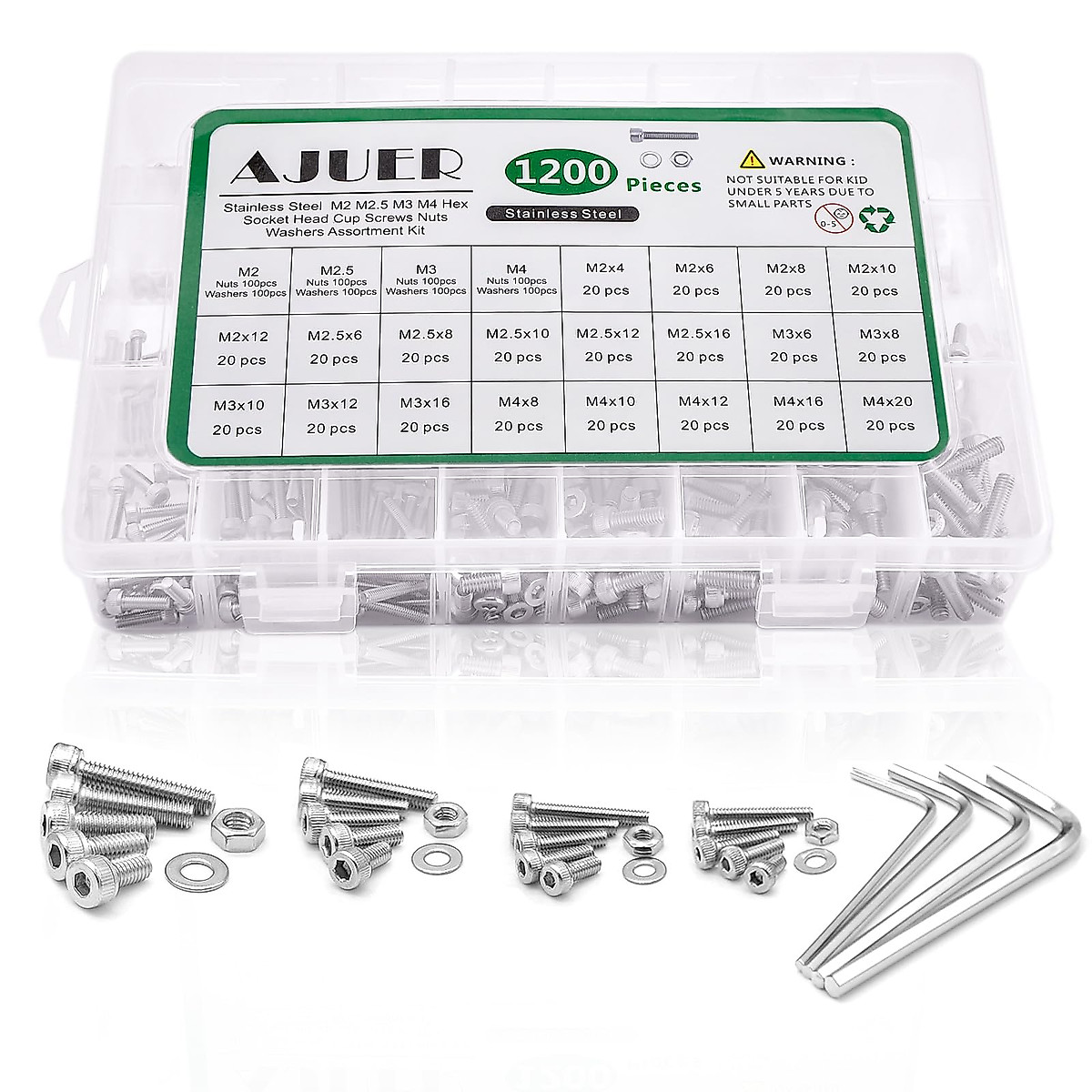 AJUER 1200pcs M2/M2.5/M3/M4 hex Socket Head Cap Screws Bolts Nuts Washers Assortment Kit, 304 Stainless Steel Metric Screw Set, Small Bolts and Nuts Kit