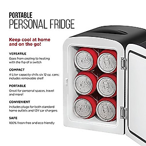 Chefman Mini Portable Black Personal Fridge Cools Or Heats and Provides Compact Storage For Skincare, Snacks, Or 6 12oz Cans W/A Lightweight 4-liter Capacity To Take On The Go