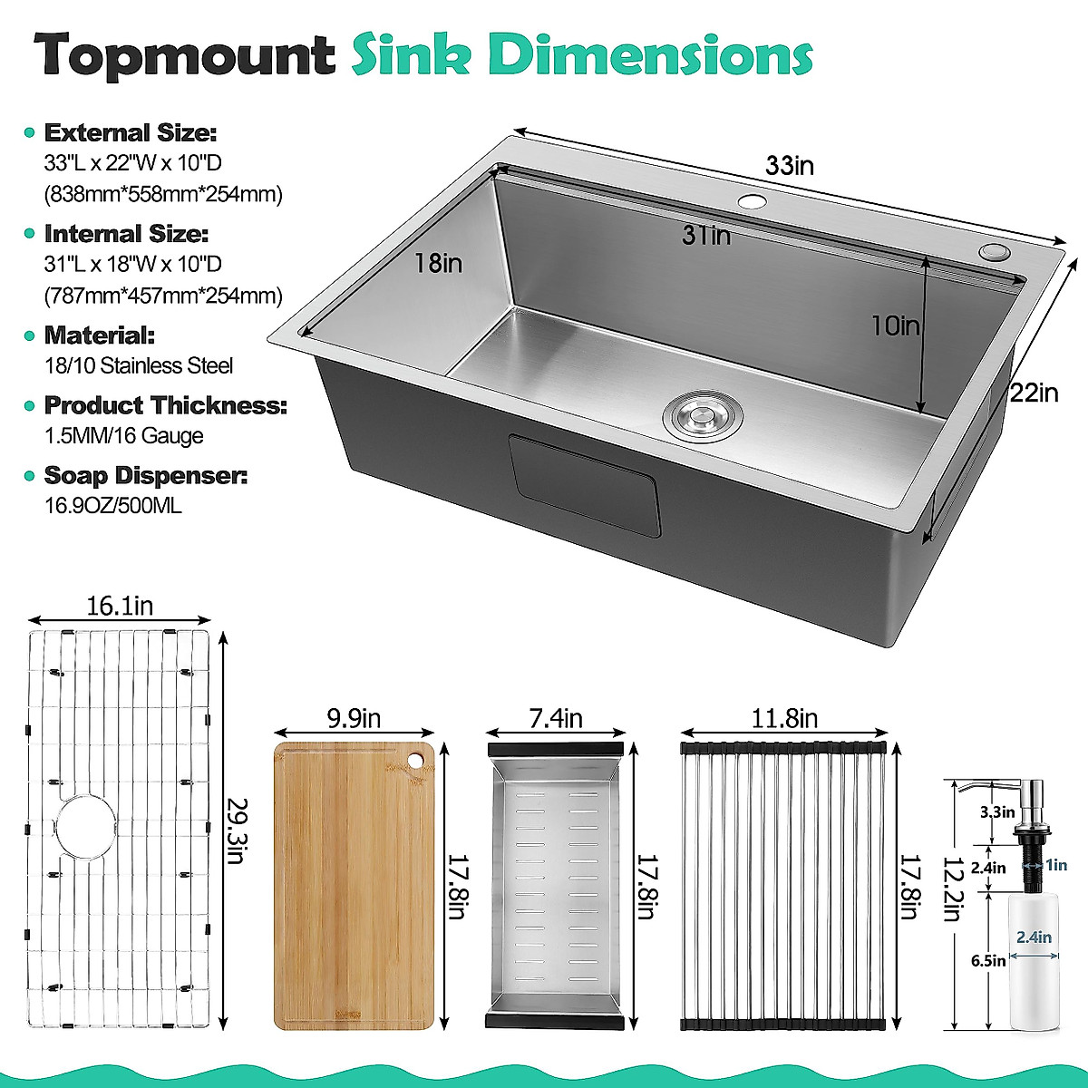 Homikit 33 x22 Inch Kitchen Sink with Soap Dispenser, 16 Gauge Stainless Steel Topmount Drop In Kitchen Sinks Single Bowl 2-Hole R10 Corner, 10" Deep Large Farmhouse Workstation Sink with Accessories