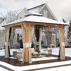 MELLCOM 11' x 11' Outdoor Cedar Wood Gazebo, Hardtop Wooden Frame Gazebo with Double Metal Roof, Solid Cedar Frame Gazebo with Privacy Curtains and Mosquito Nettings for Patios, Gardens, Backyards