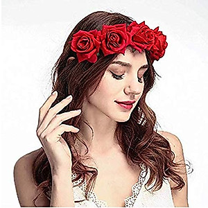 DNHCLL Rose Flower Crown, Floral Headpiece for Women and Girls - Red Artificial Rose Hair Wreath with Headband