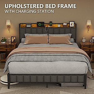 Queen Bed Frame, Storage Headboard with USB Ports & Charging Station, No Box Spring Needed, Noise-Free, Heavy Duty Metal Frame Support, Easy Assembly
