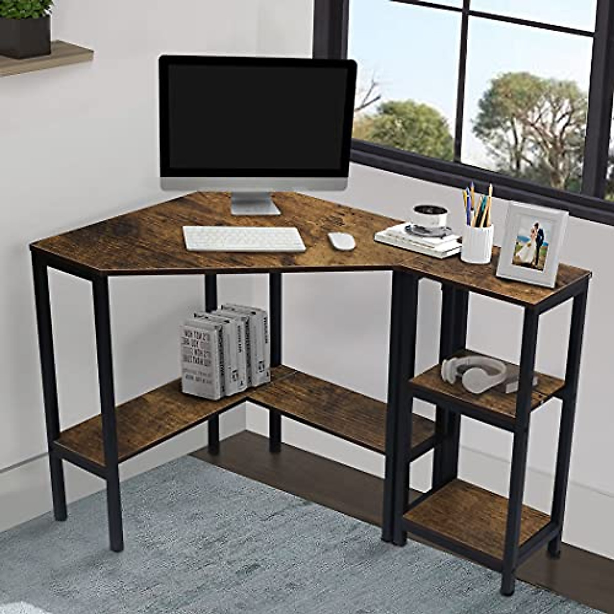 LAVIEVERT Corner Desk, Triangle Computer Desk with Storage Shelves, Laptop PC Table Writing Study Table Workstation for Home & Office - Rustic Brown