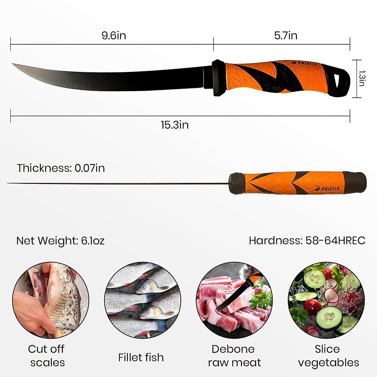 Pristis Professional Fishing Knife, 9 Inch Bait Knife for Filleting & Boning, Sharp 5Cr13MoV Stainless-steel Blade with Corrosion Resistant Coating, Non-slip Handles, Protective Nylon Sheath (Yellow)