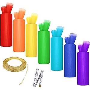 Sailing-go 7-color rainbow tulle reel gauze mesh reel gauze fabric reel 6 inches wide 25 yards. 0.4 inch wide, 25 yards long golden ribbon, 59 inch size ruler for table skirt rainbow party tulle skirt