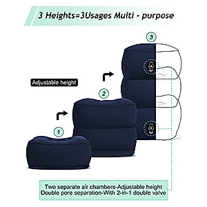 JefDiee Inflatable Travel Foot Rest Pillow, Kids Airplane Bed, Adjustable 3 Layers Height Leg Rest Pillow, Adults Travel Essentials Great for Airplane, Office, Home, Trains, Cars (Blue)