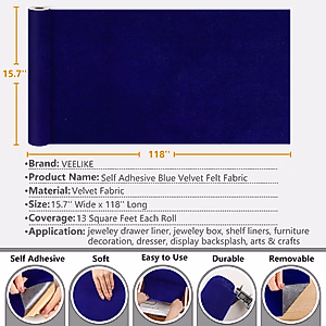 VEELIKE Royal Blue Velvet Fabric Wallpaper Peel and Stick Blue Felt Liner 15.7''x118'' Self Adhesive Soft Blue Flocking Contact Paper for Cabinets Walls Shelves Jewelry Drawer Liner Arts & Crafts
