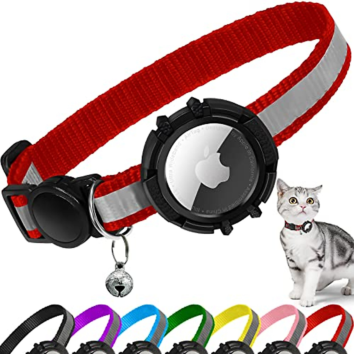 Airtag Cat Collar Breakaway, Reflective Kitten Collar with Apple Air Tag Holder and Bell, Lightweight Tracker Cat Collars for Girl Boy Cats, Kittens, Puppies (Red, S)