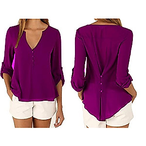 Andongnywell Women Button V-Neck Casual Tops T-Shirt Loose Top Blouse Pull Sleeve Loose Chiffon Shirt (Purple,4,X-Large)