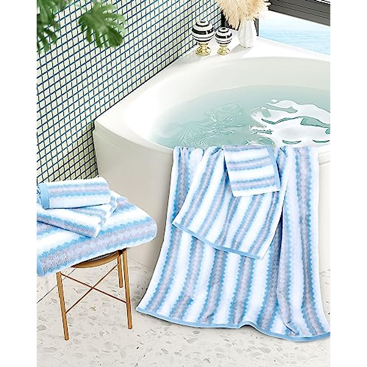 Jacquotha 6 Piece Soft and Absorbent Bathroom Towel Set, 2 Bath Towels, 2 Hand Towels, 2 Washcloths, Stripe and Cut Velvet Design, Cotton Lightweight Thin Towel Sky Blue