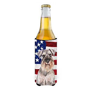 Caroline's Treasures KJ1158MUK USA American Flag with Schnauzer Ultra Hugger for slim cans Can Cooler Sleeve Hugger Machine Washable Drink Sleeve Hugger Collapsible Insulator Beverage Insulated Holder