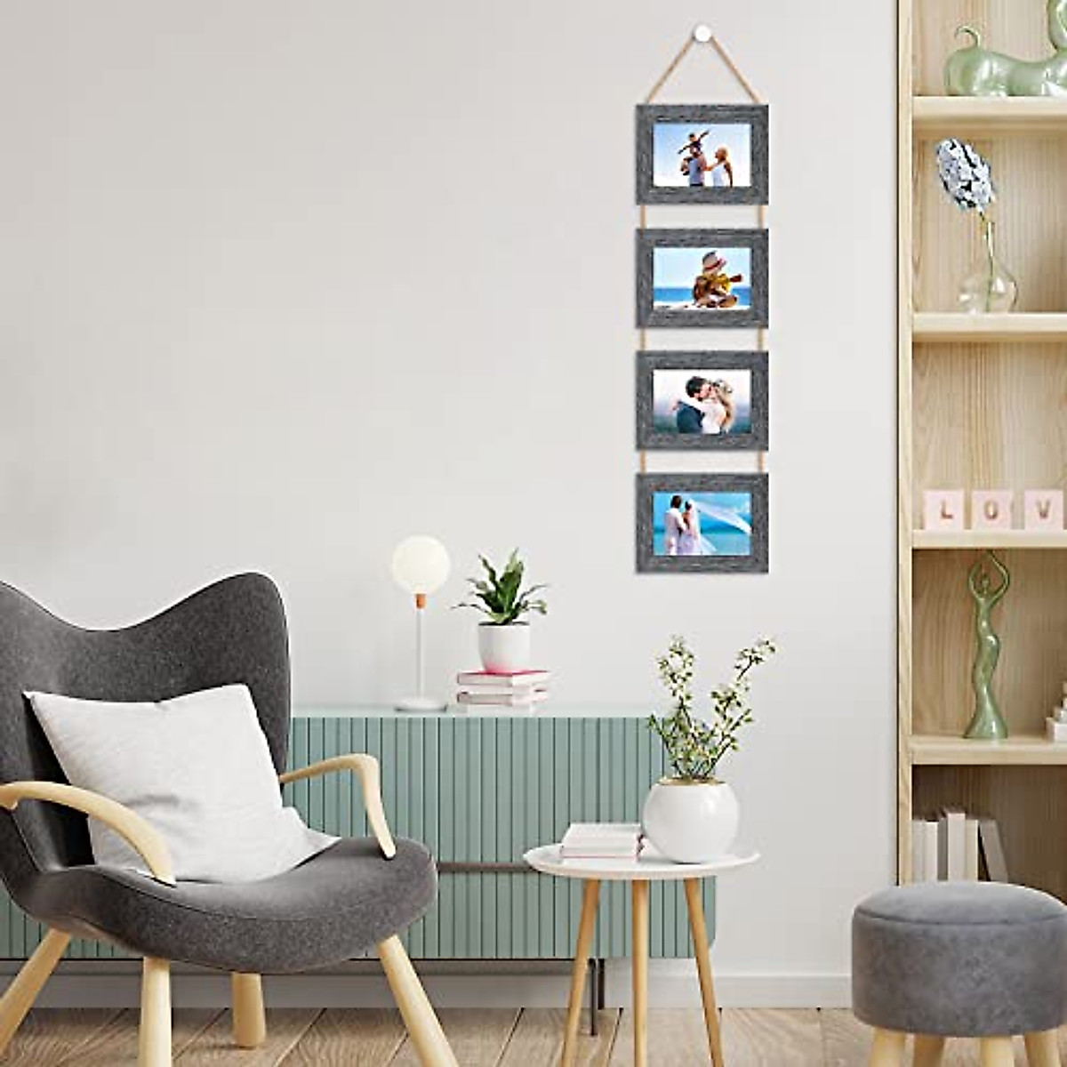 snzimtty Hanging 4 picture frame Collage 4x6,Distressed Wood Farmhouse Finish,Four Photo Frame 4x6 with High Definition Glass for Desk,Grey Wood Grain