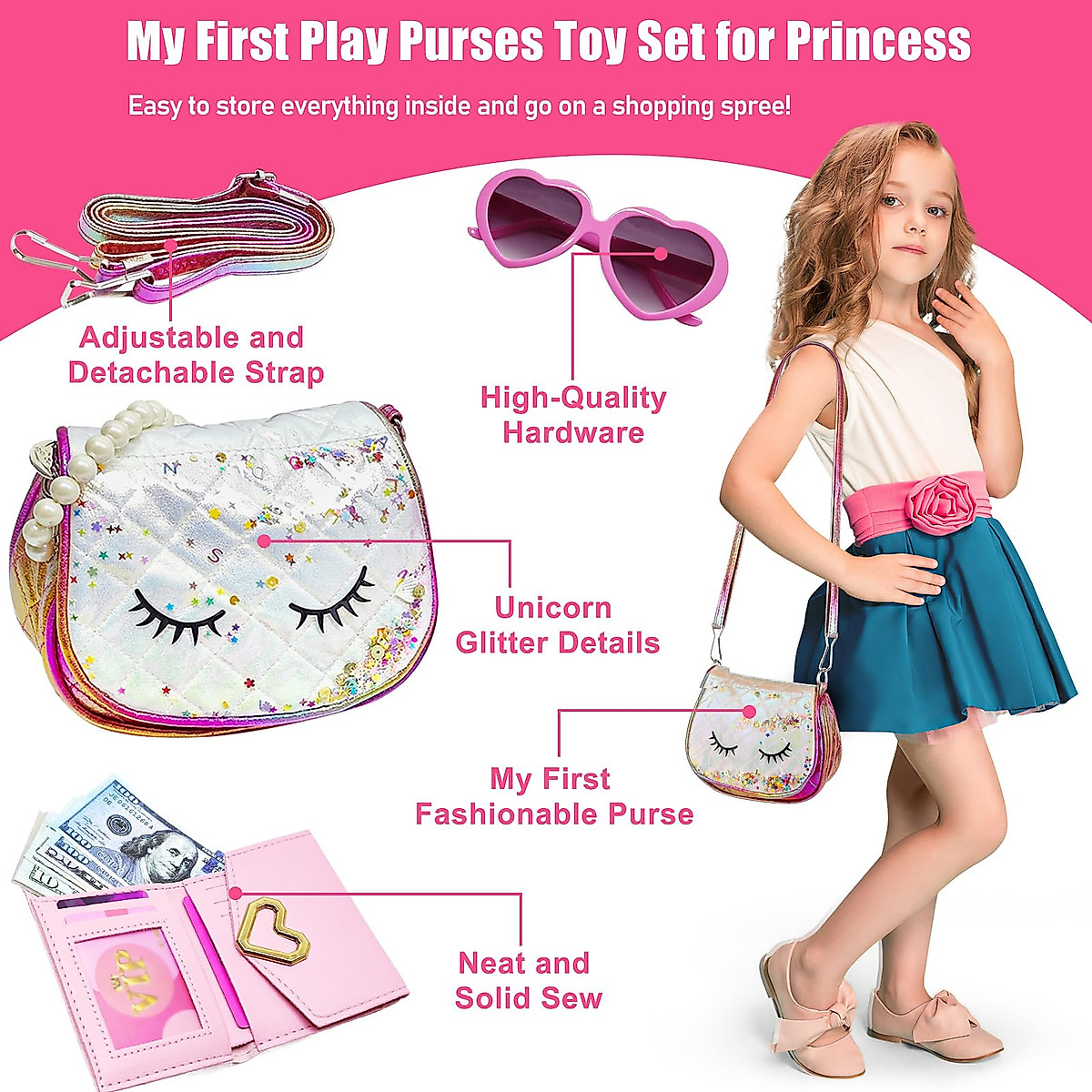 INNOCHEER Little Girls Purse, Play Purse for Little Girls, Unicorn Toys for Girls Age 4-6 6-8, Real Washable Kids Makeup Kit for Girl, Birthday Christmas Princess Gifts Toys for Girls 4-6 5-7 8-10