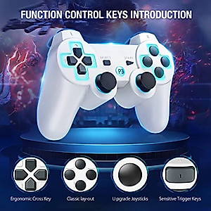 Powerextra PS-3 Controller Wireless Compatible with Play-Station 3 Rechargable Remote Control Gamepad with Charging Cable for PS-3 (White)