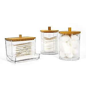 Yujanery 3 Pack Qtip Holder, 10/7-Ounce Bathroom Organizer Accessories Storage Containers Clear Plastic Apothecary Jars with Bamboo Lids for Cotton Ball, Cotton Swab, Floss