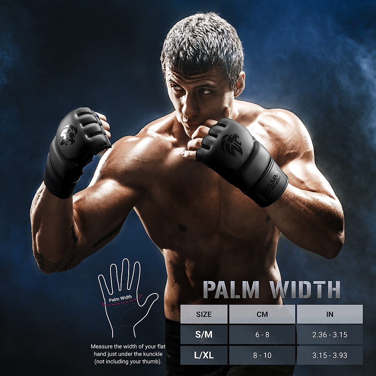 WAMM Sports MMA Gloves - for Men & Women - MAXForce EVE Anti-Injury Shock Absorb Boxing Gloves - POWERFlex Kickboxing Gloves - Half Finger, Open Palm for Muay, Sparring, Punching Bag (Large/X-Large)