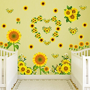 RW-ZSZ2881 31PCS Sunflower Wall Decals 3D Sunflower Yellow Daisy Flowers Wall Stickers Floral Decals DIY Removable Sunflower Green Leaves Wall Decor for Kids Baby Bedroom Living Room Bathroom Nursery