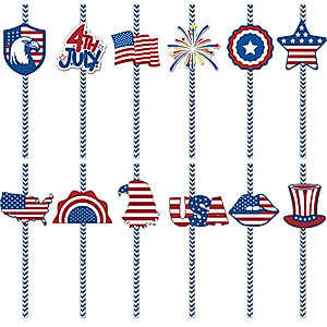 Babale 24pcs/set 4th of July Disposable Straws Patriotic Memorial Striped Paper Straw Decorations for Independence Day Party Favor Supplies
