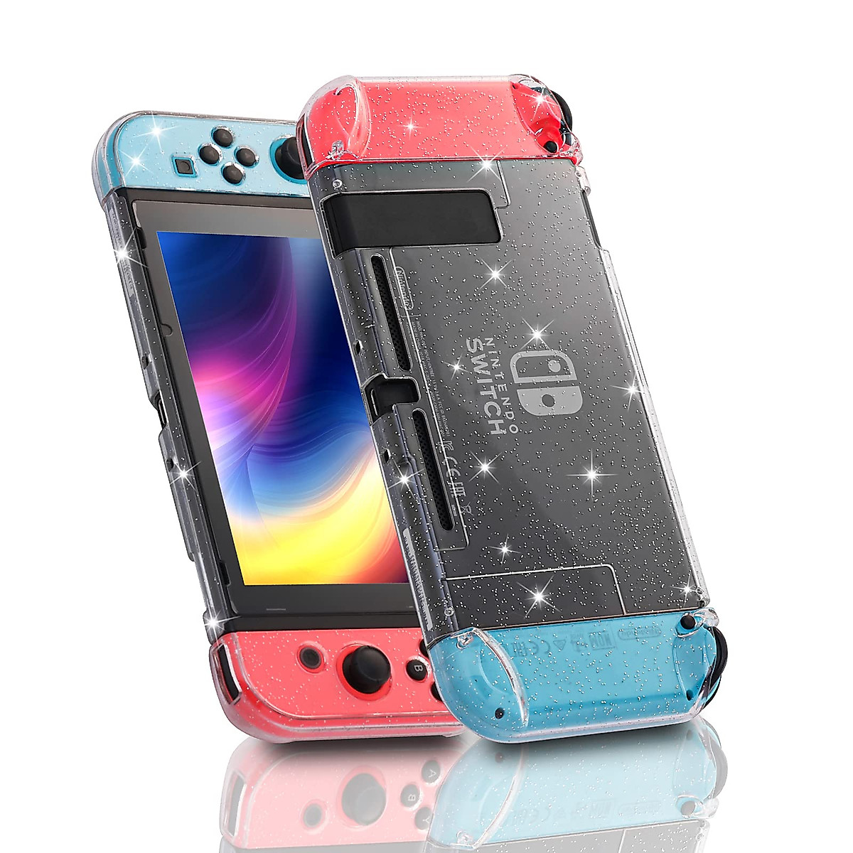 Switch Clear Glitter Case, Switch Protective Case with Tempered Glass Screen Protector and Thumb Grip Caps