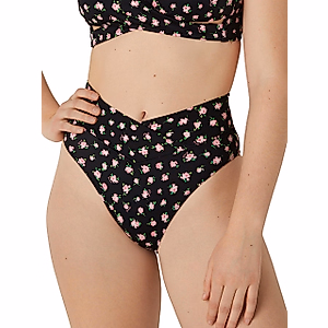 Victoria's Secret Pink V Crossover High Waisted Bikini Bottom, Swimsuit for Women, Moderate Coverage Bathing Suit Bottoms for Women, Pure Black Floral (S)